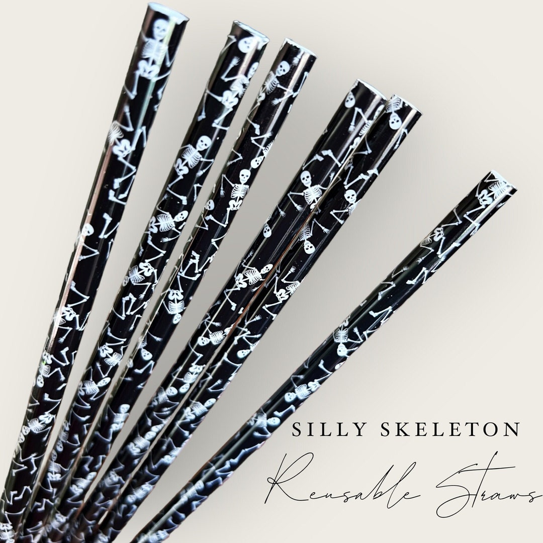 Silly Skeleton Dancing Bones Black White Fall Reusable Straws 10 Inches ...