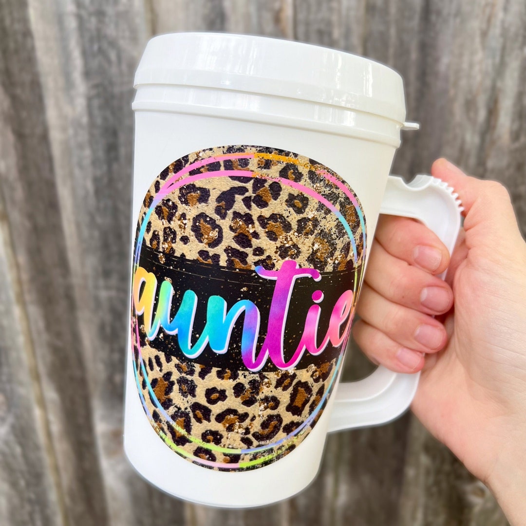 AUNTIE Mega Mug 22oz Retro- Thermos Mug -leopard Pink Summer Beach Trip ...