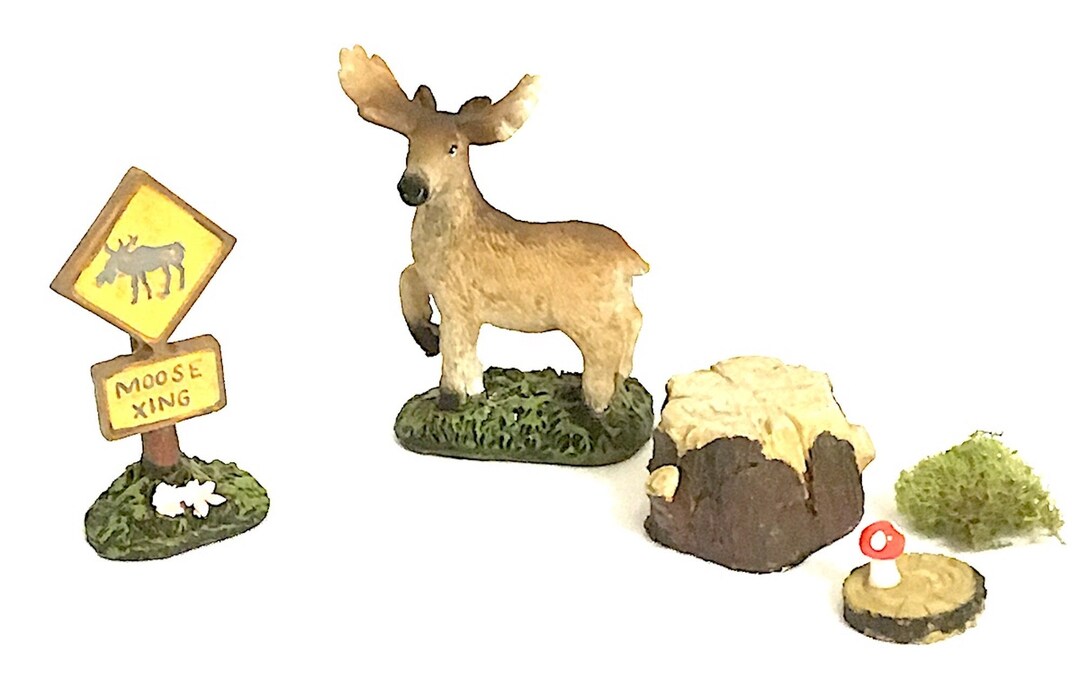 Miniature Moose, Stump, Moose Crossing Sign and Accessories for Fairy ...