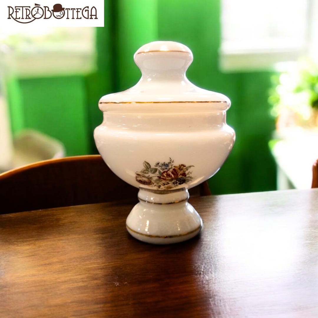 1960s Opaline Glass Toilet Jar, Gold Finish and Delicate Floral Pattern ...