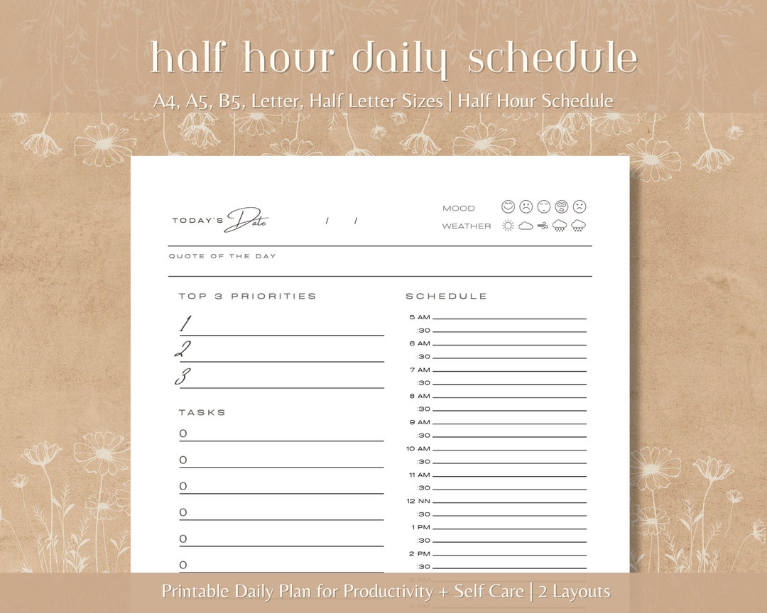 Hourly Daily Schedule Page for Productivity and Self Care | Undated ...