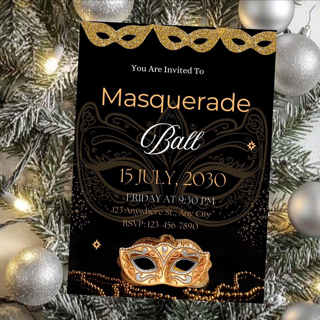 Elegant Masquerade Ball Invitation: Black and Gold, Editable Template ...