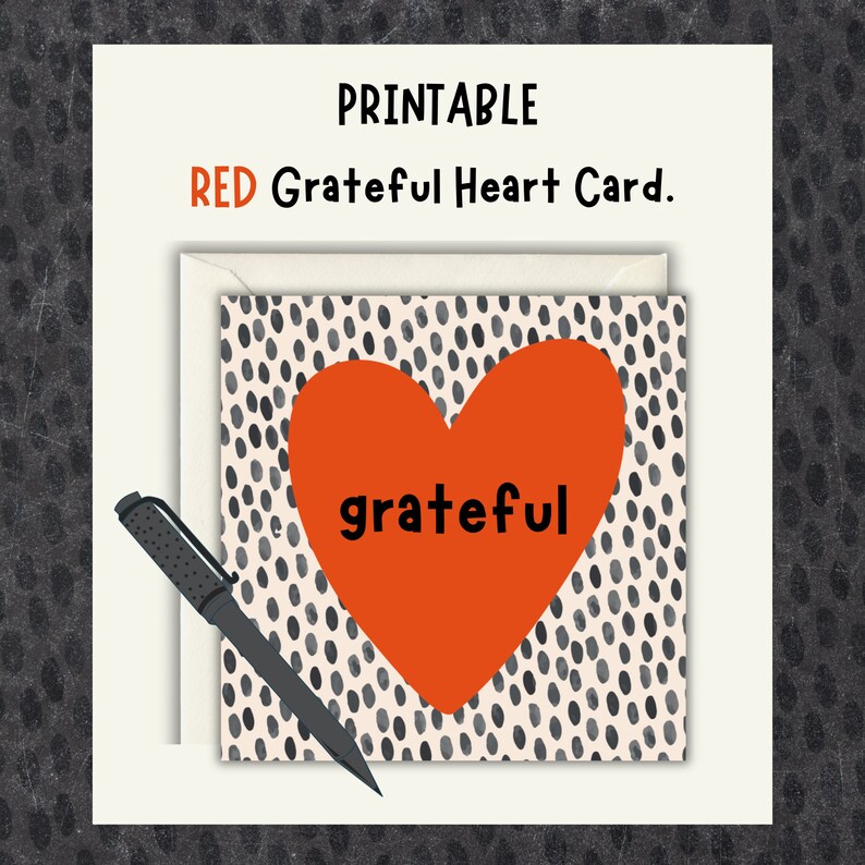 Grateful RED Heart Card. Printable. DIGITAL DOWNLOAD. Thanksgiving Card ...