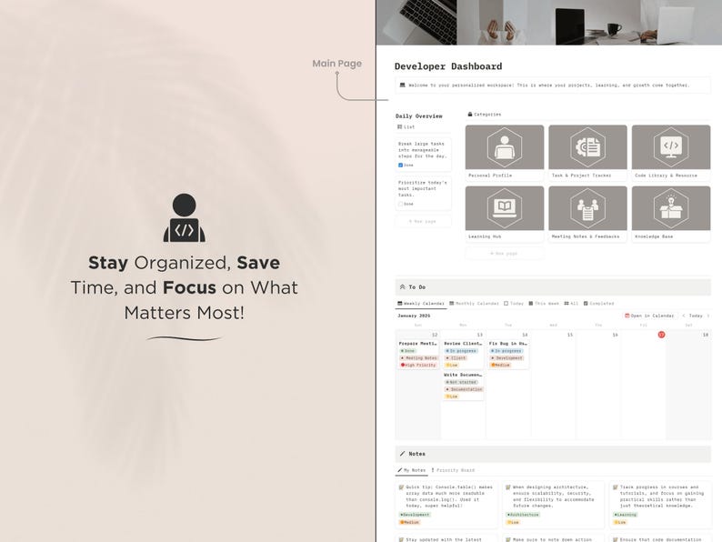 Developer Planner Notion Template, Project Management Dashboard, Task ...