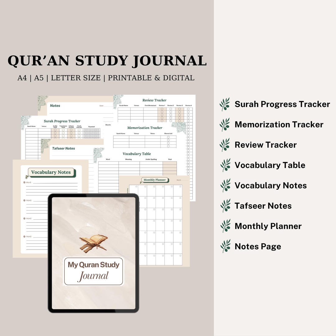 Digital Quran Study Journal, Muslim Monthly Planner, Surah Workbook ...