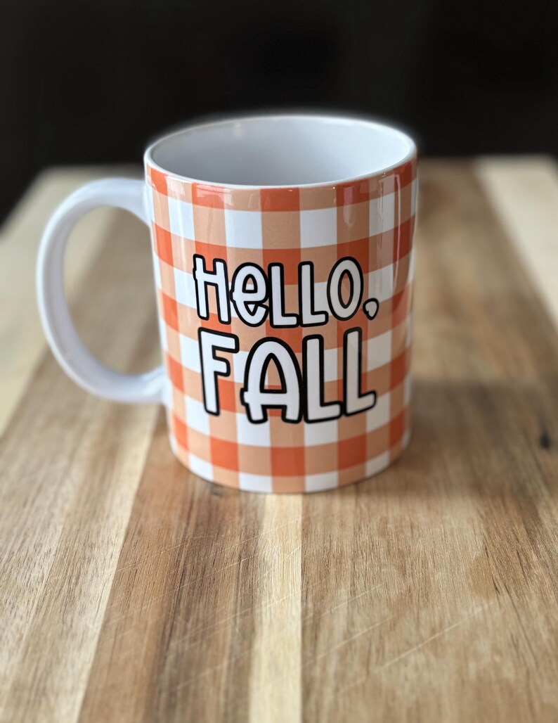 Hello Fall 12 Oz Coffee Mug Fall Coffee Mug Plaid Mug Fall Gift Pumpkin ...