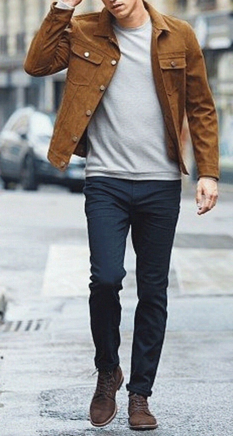 Men's Western Suede Tan Brown Denim Style Trucker Jacket - Etsy