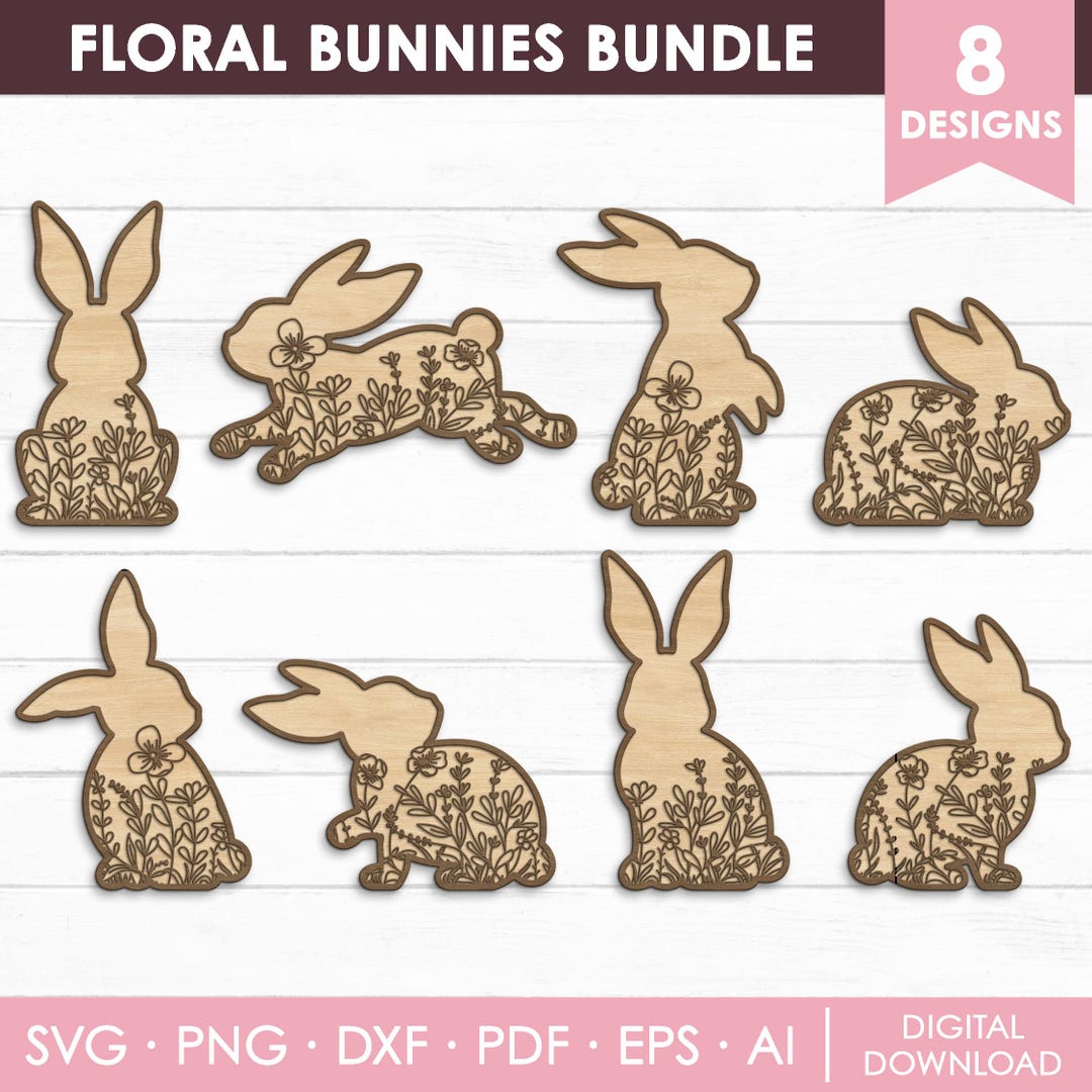 Floral Bunnies Svg, Bunny Svg, Easter Decor, Easter Rabbits Svg, Wood ...