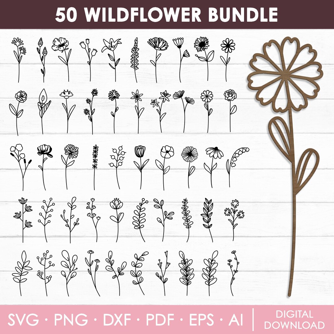 50 Wildflower Svg Bundle, Floral Svg, Minimalist Bouquet Svg, Birth ...