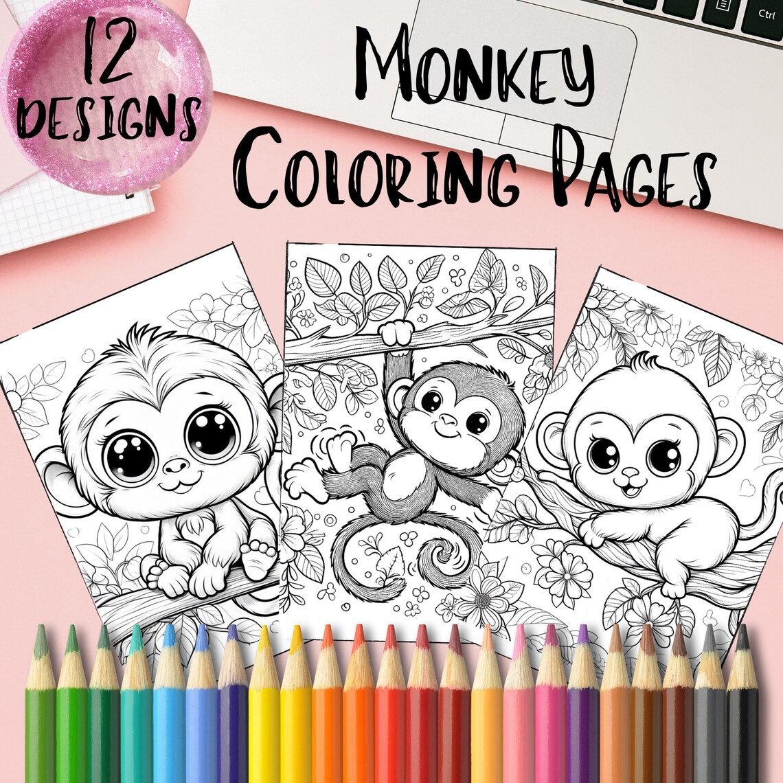 Monkey Kids Coloring Page Printables Collection of 12 Cute Monkeys - Etsy