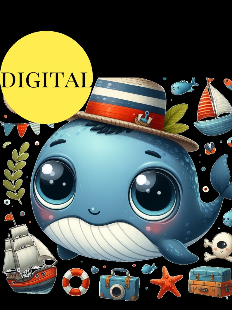 Cute Whimsical Big Eyed Whale Bundle Digital Download, Cute Animal ...
