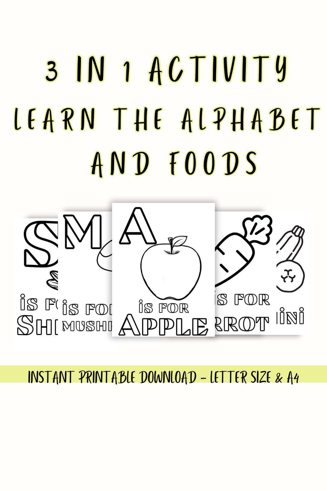 Alphabet & Foods Coloring Worksheets: Kids Learning Activity (PDF ...