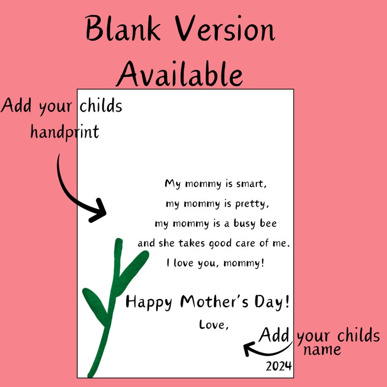 Printable Mother's Day Craft, Kids Handprint and Poem Activity, Instant ...