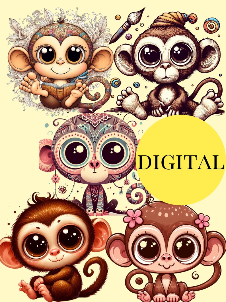 Whimsical Big-eyed Monkey Clipart Bundle: Nursery Decor (digital ...
