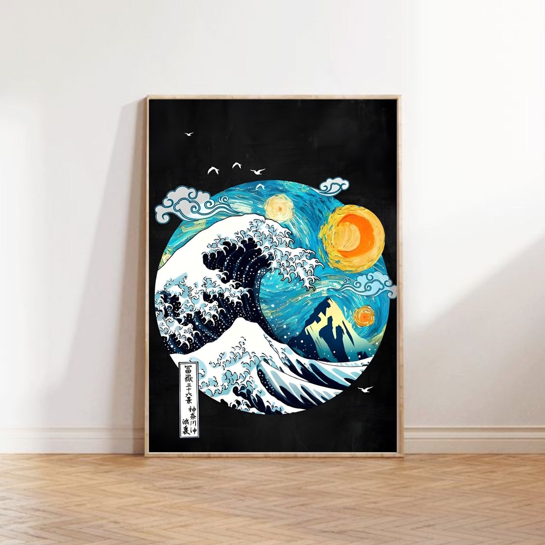 The Great Wave Poster, Starry Night Poster, Great Wave Wall Art, Starry ...
