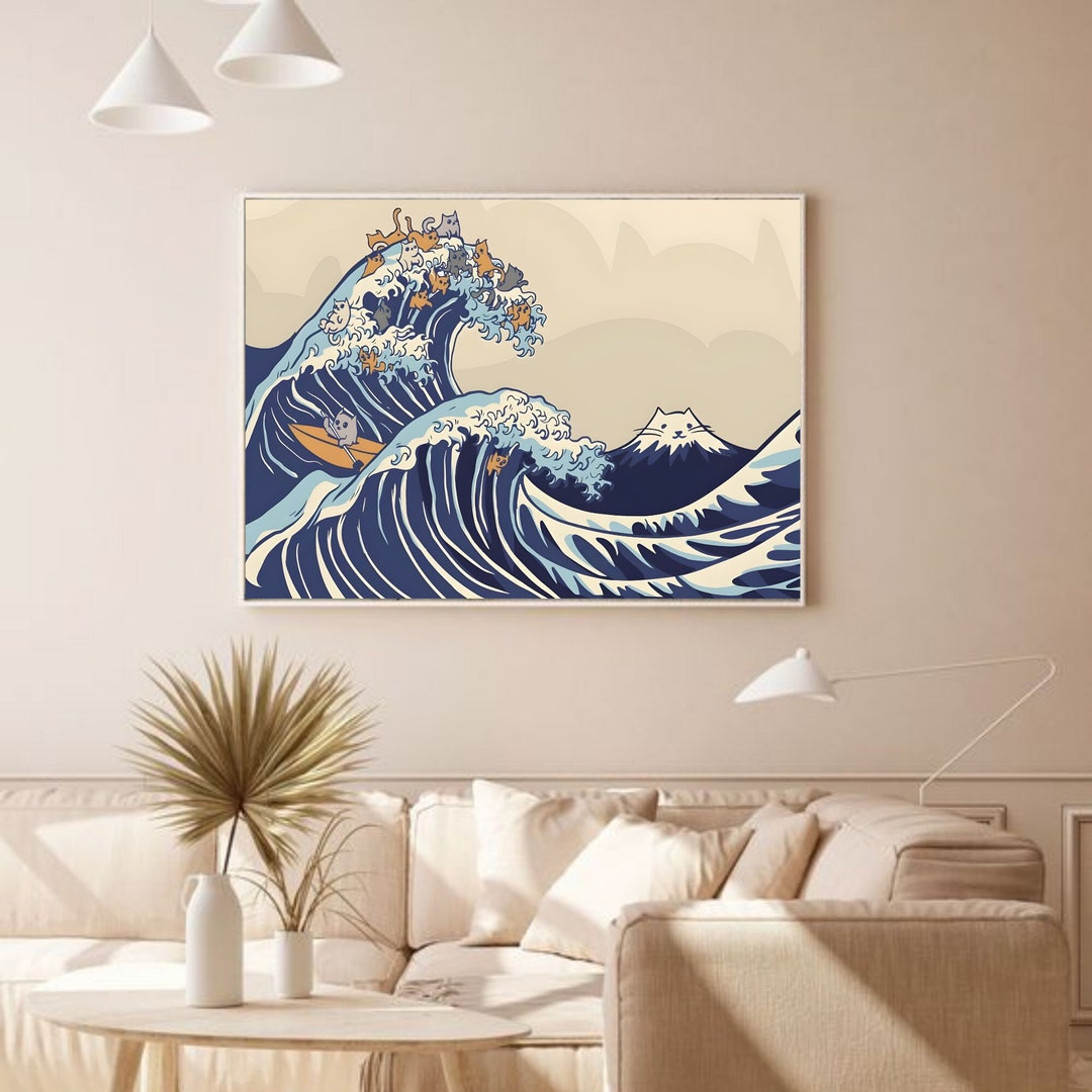 The Great Wave Poster, Great Wave Cat Art, Japanese Wave Poster ...