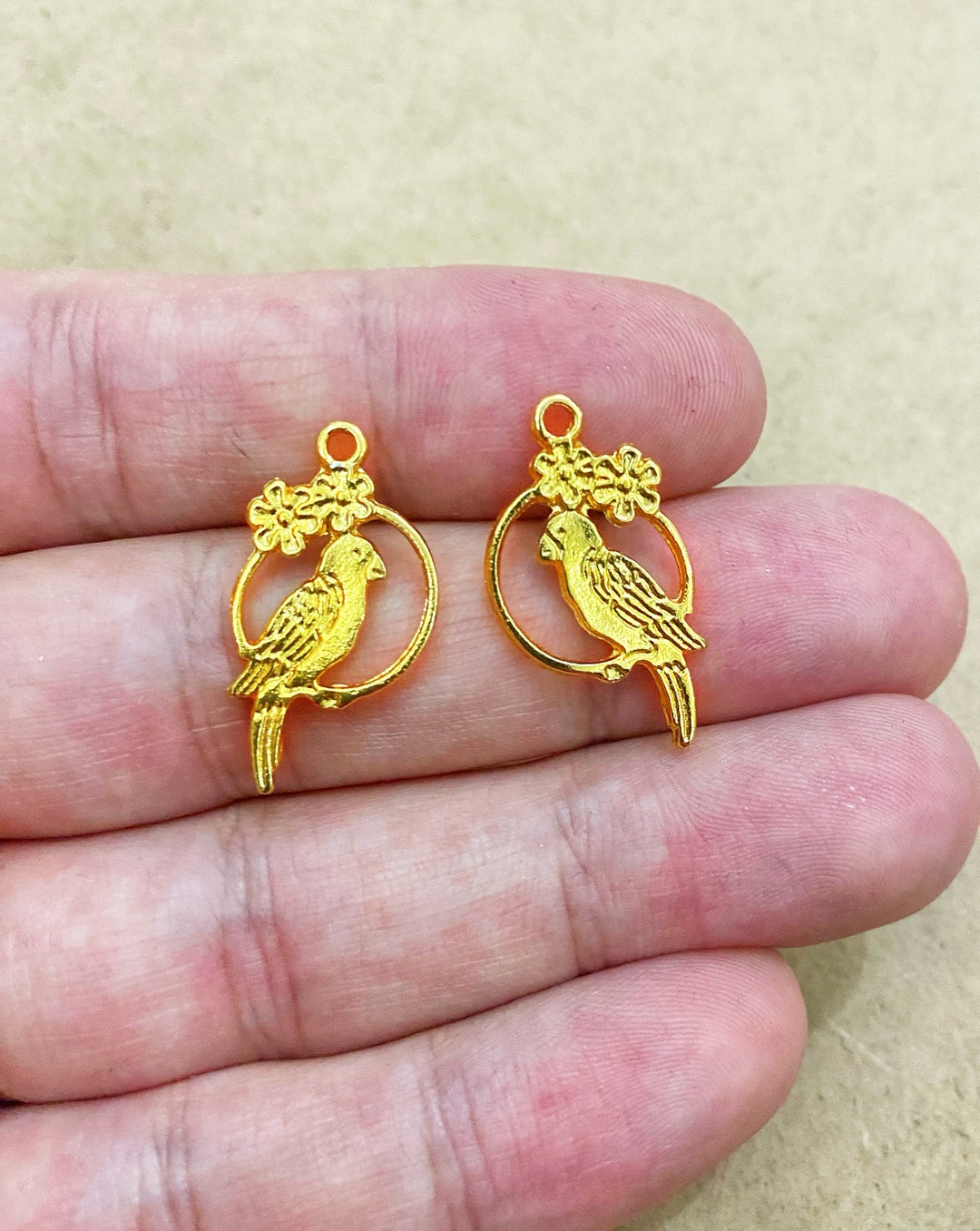 Gold Plated Parrot Charm, Shiny Gold Plated Bird Pendant, Parrot Bird ...