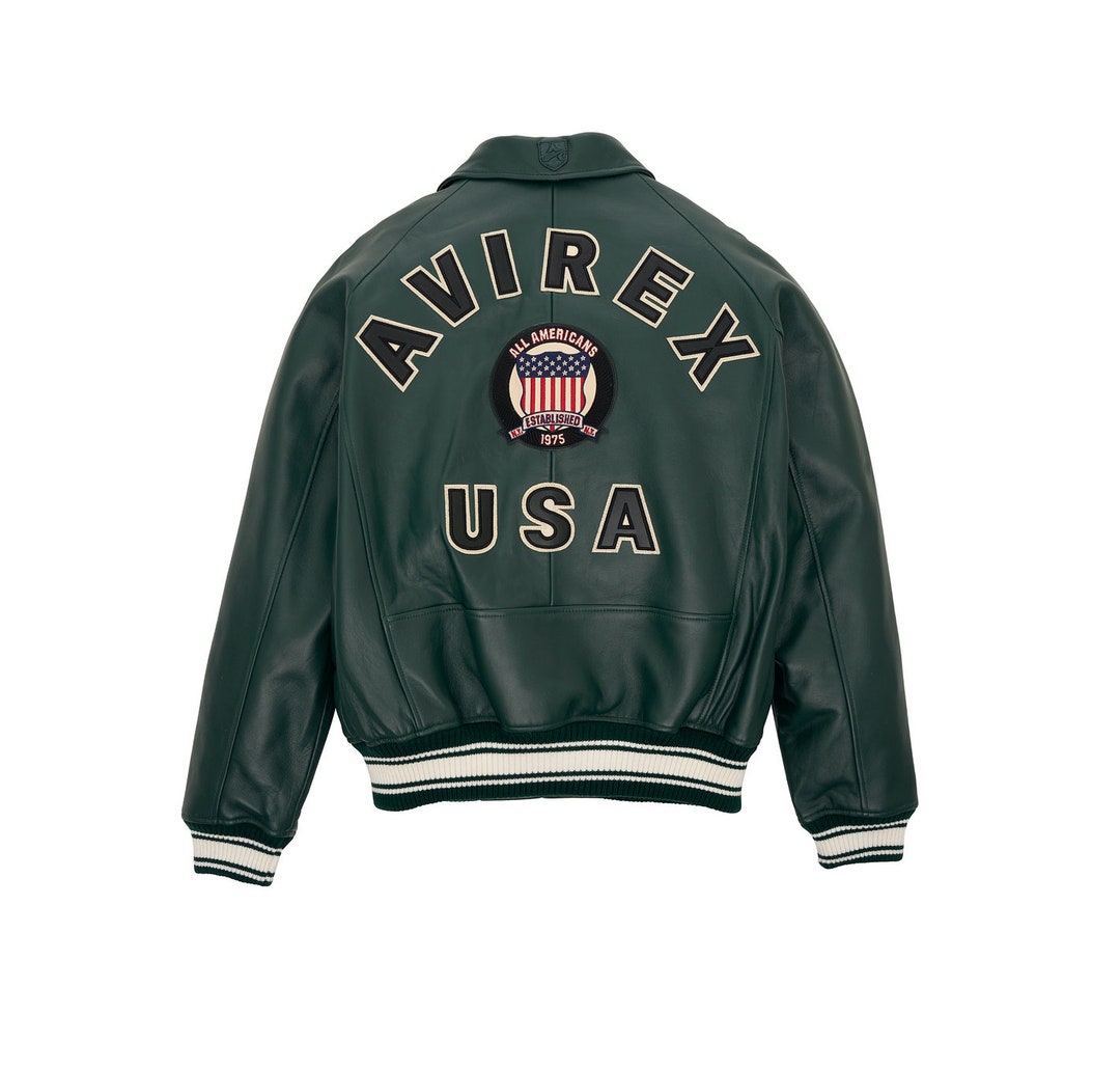 New Men's Avirex USA Edition Icon Aces A2 Dark Green Bomber American Flight Leather Jacket ...