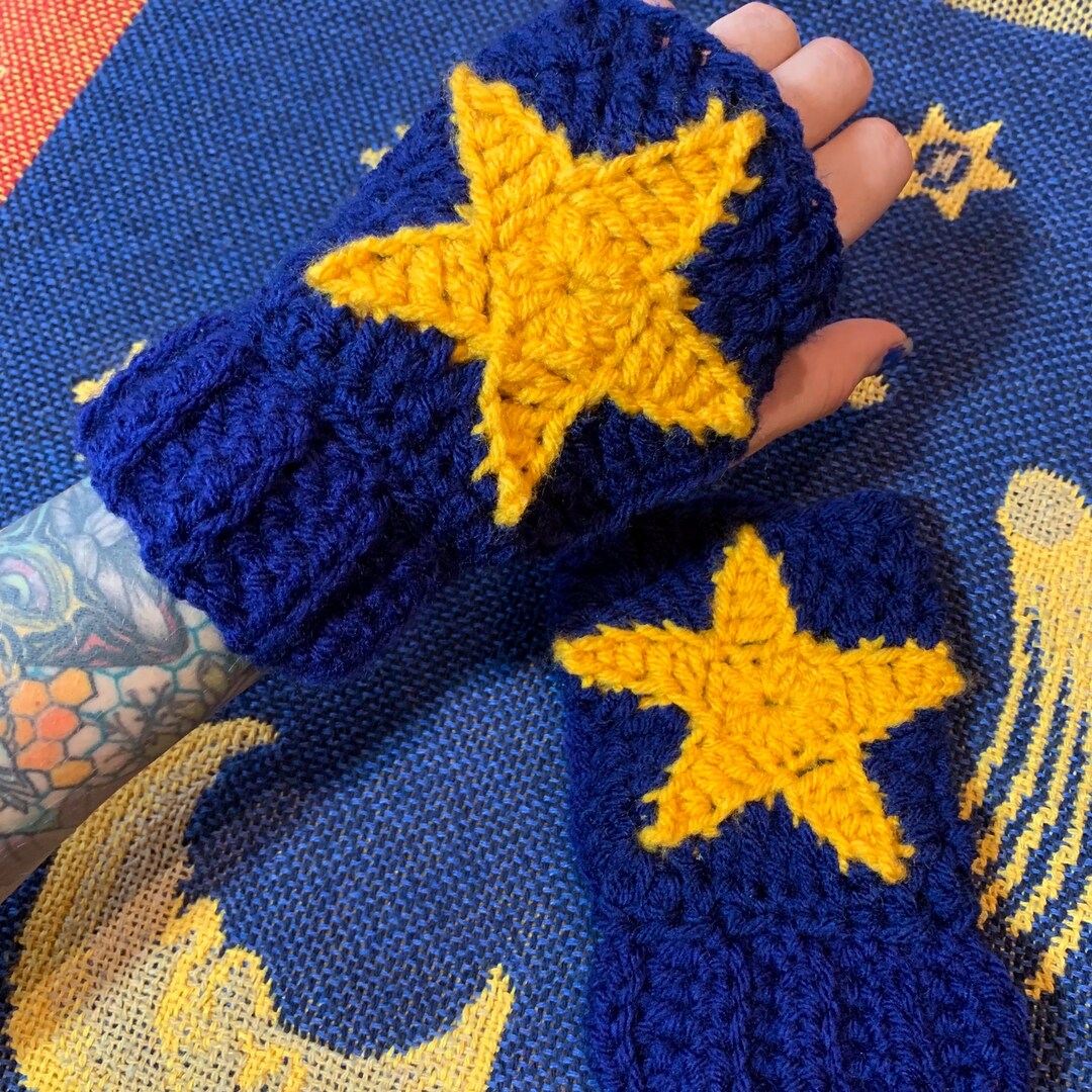 Celestial Star Crochet Fingerless Gloves in Midnight Blue - Etsy