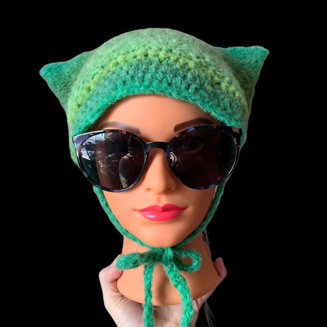 Handmade Mossy Knit Cat Ears Bonnet / Hood / Balaclava - Etsy