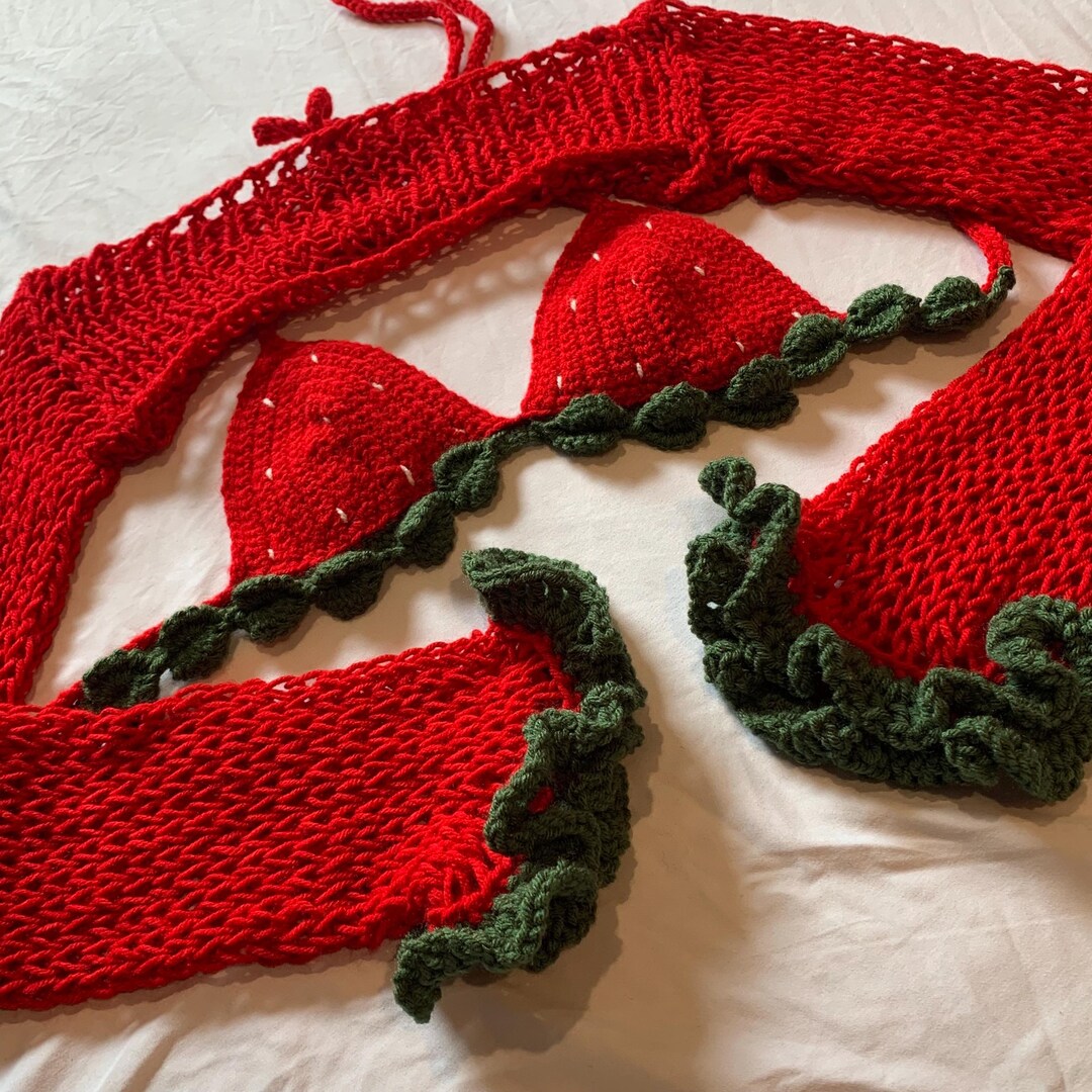 Strawberry Mesh Cropped Sleeves Loose Knit and Crochet Top Set ...