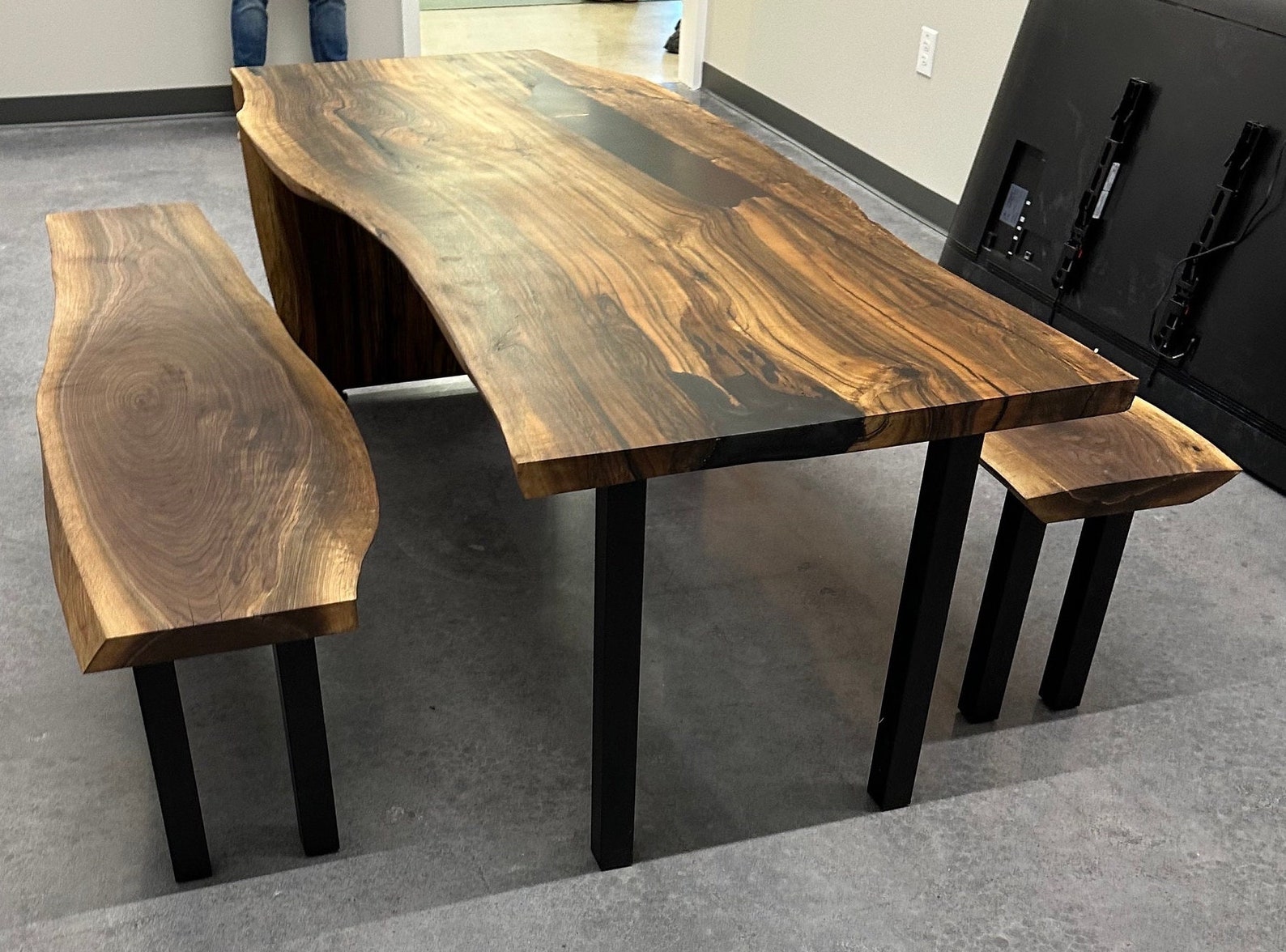 Live Edge Walnut Dining Table With Matching Benches With Waterfall Leg ...