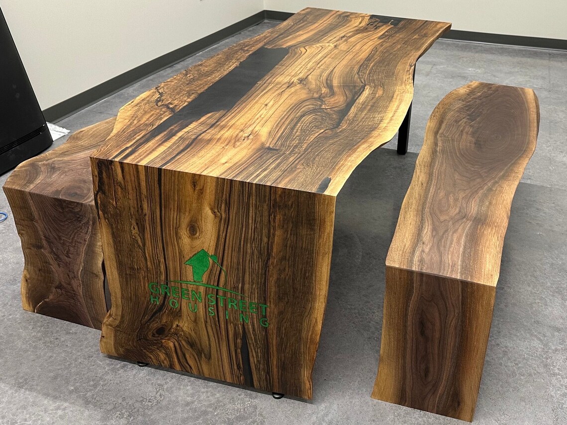 Live Edge Walnut Dining Table With Matching Benches With Waterfall Leg ...