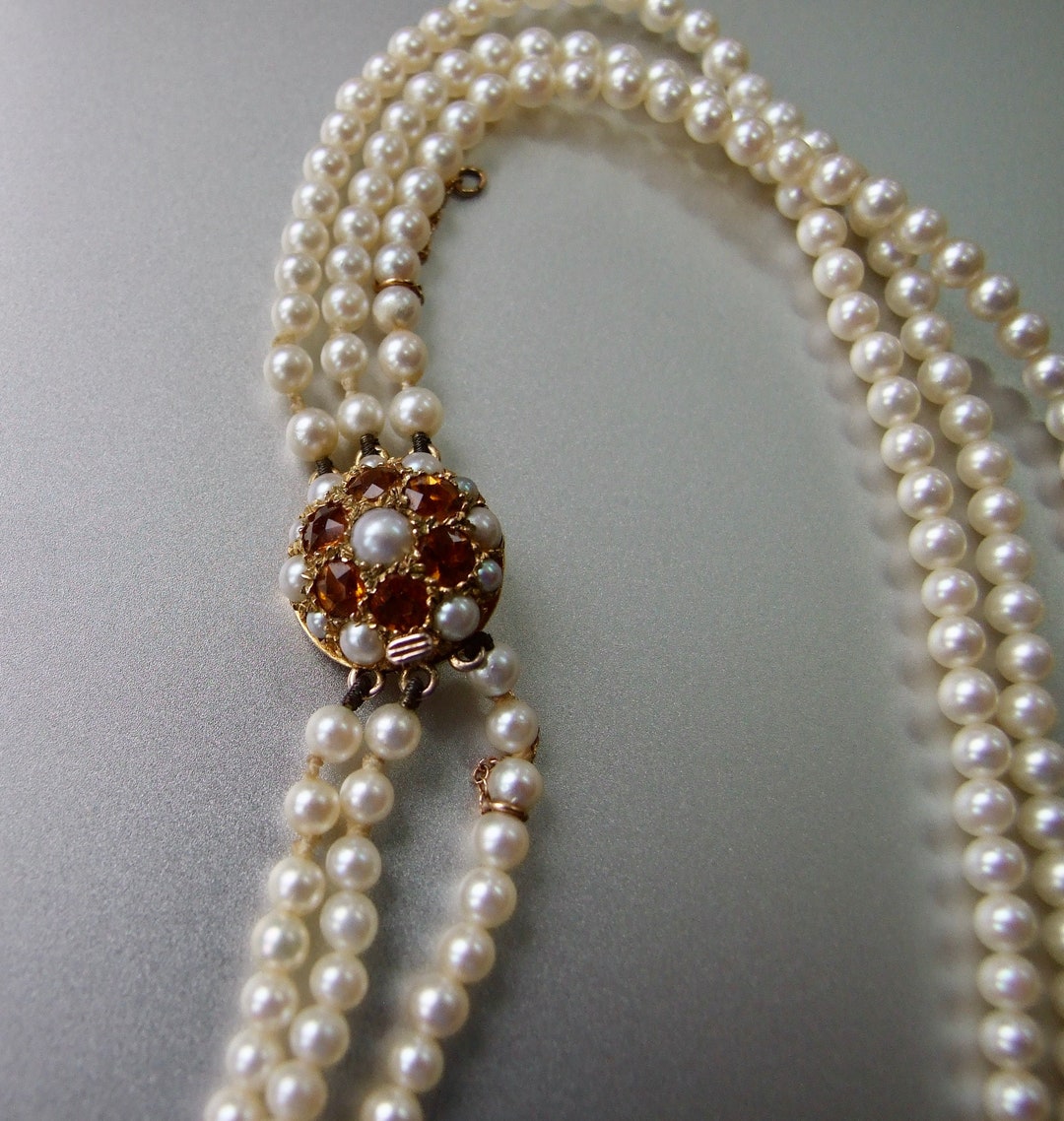 Vintage Retro 1940'S Triple Strand Pearl Necklace 9kt Gold Clasp ...