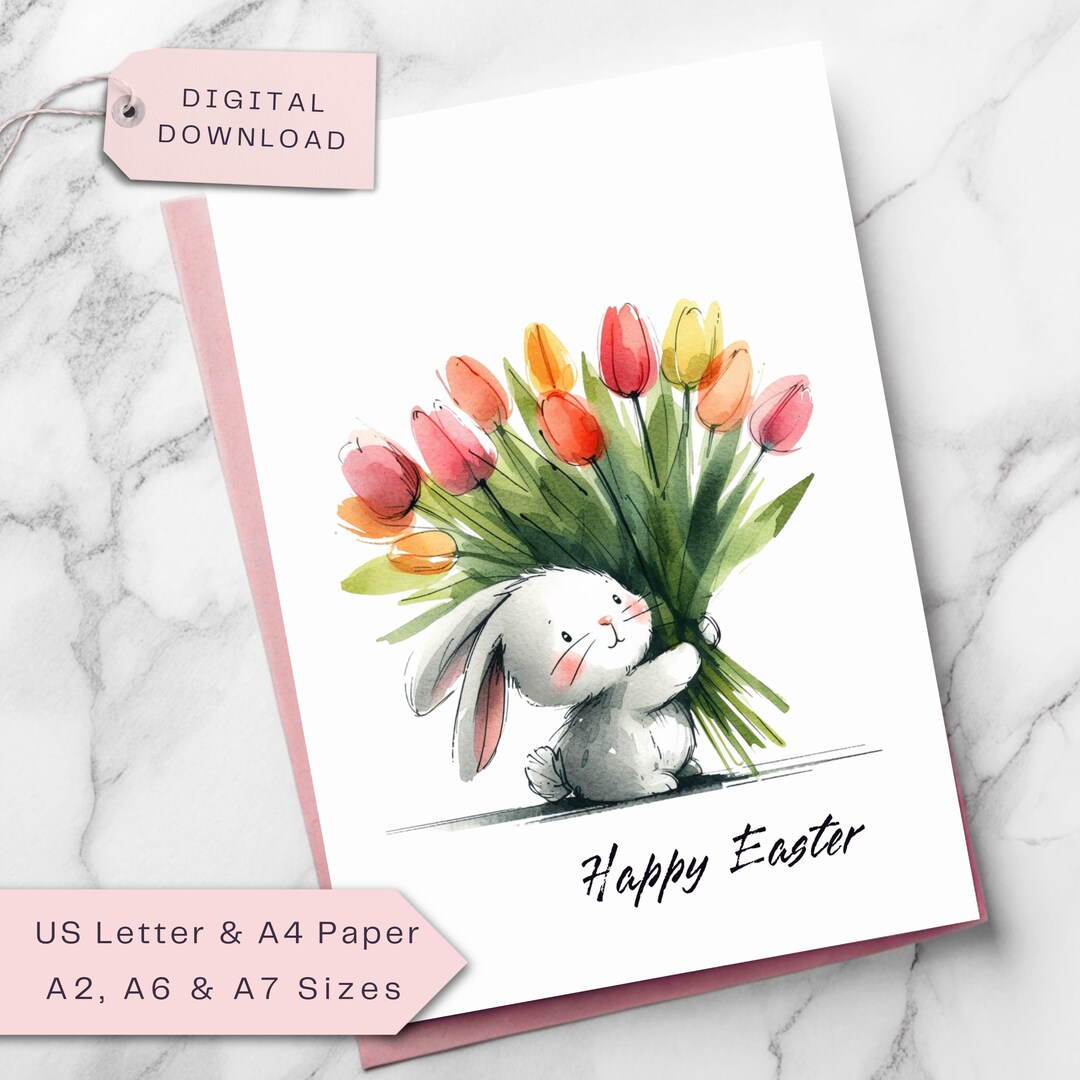 Cute Easter Bunny Card, Spring Rabbit With Tulips, Watercolor Easter ...