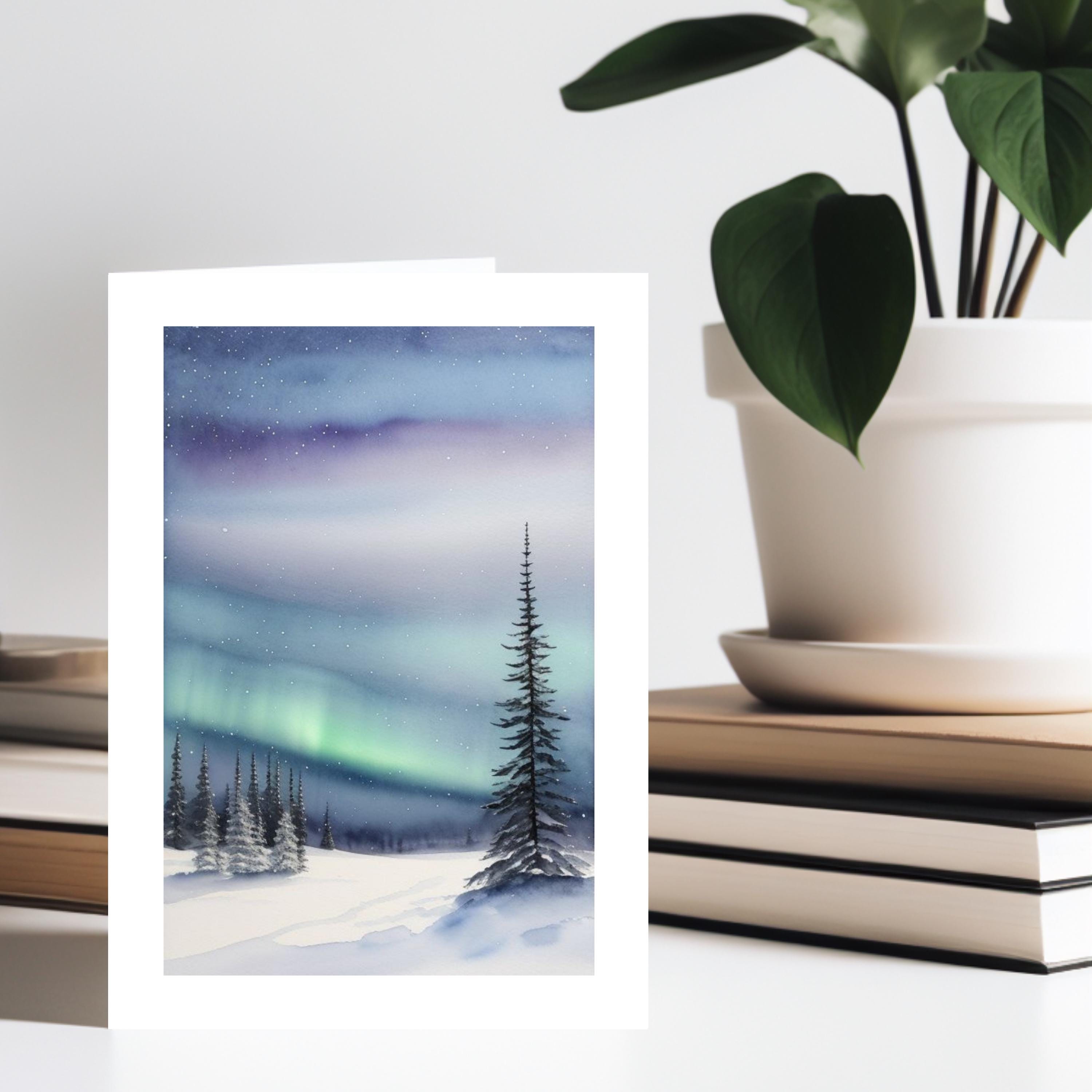 Northern Lights Card, Aurora Borealis Watercolor Notecard, Winter ...