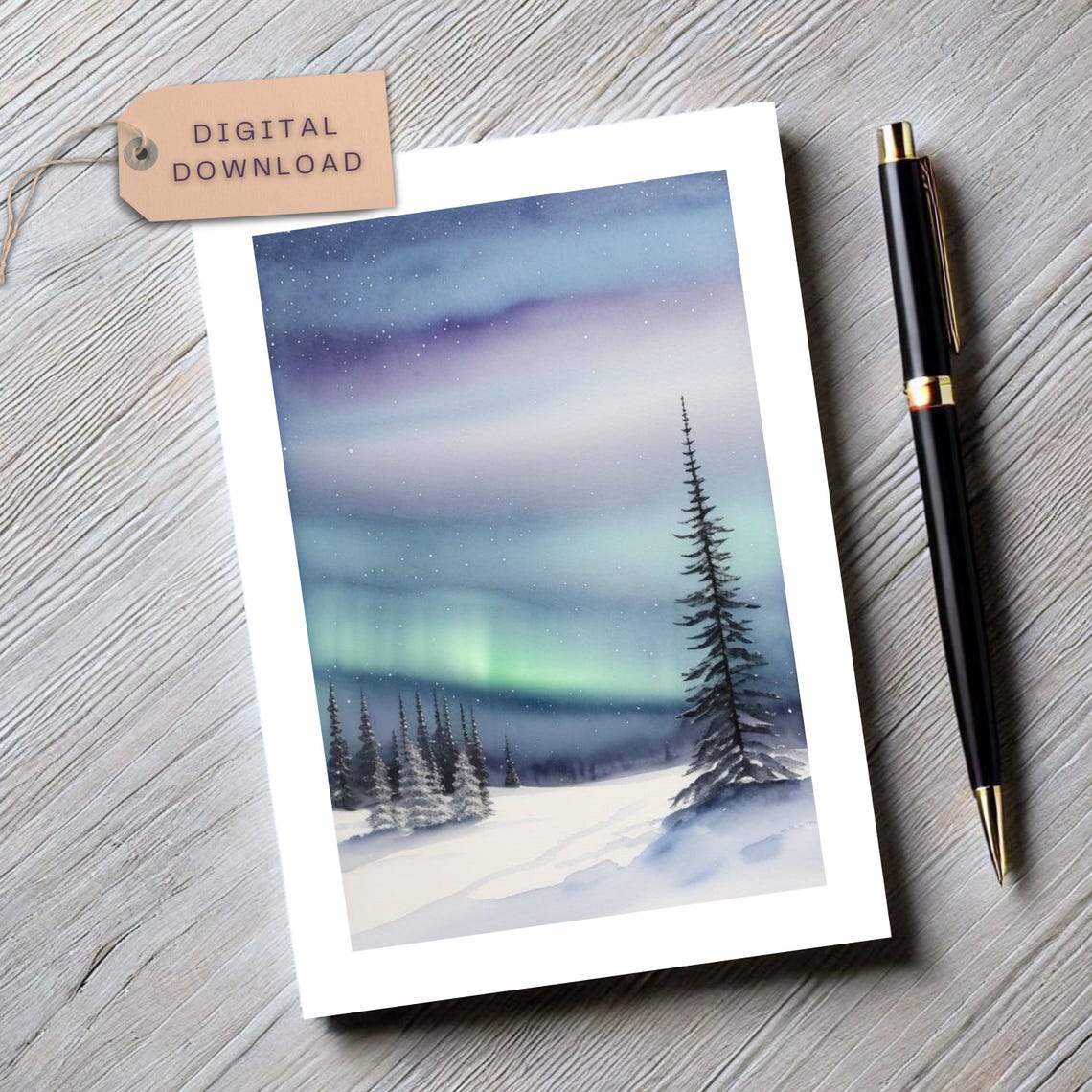 Northern Lights Card, Aurora Borealis Watercolor Notecard, Winter ...
