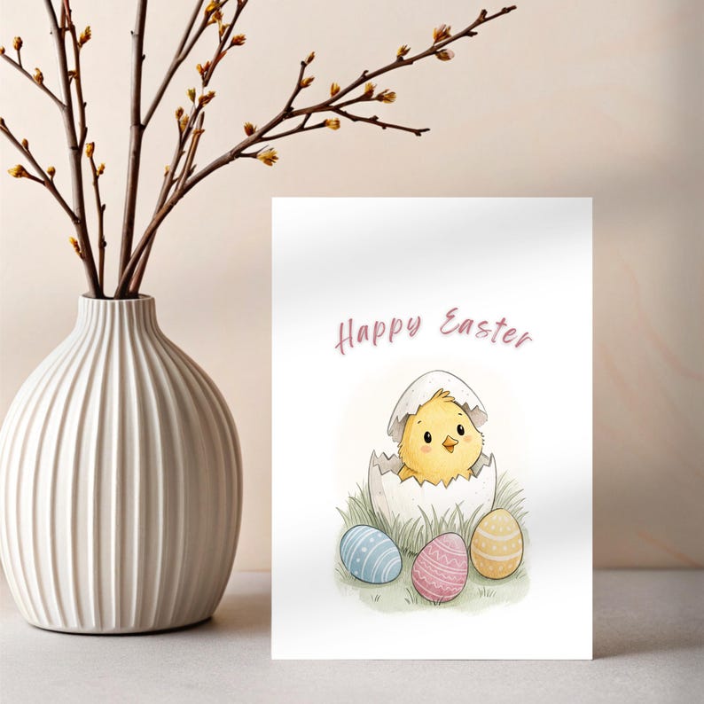 Cute Baby Chick Easter Card - Happy Easter Card - Spring Eggs Greeting Card - Pastel Easter Card ...