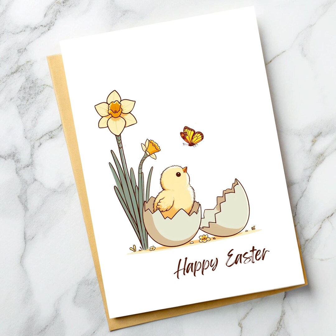Cute Chick Easter Card - Easter Greeting Card - Baby Chick and Daffodil ...
