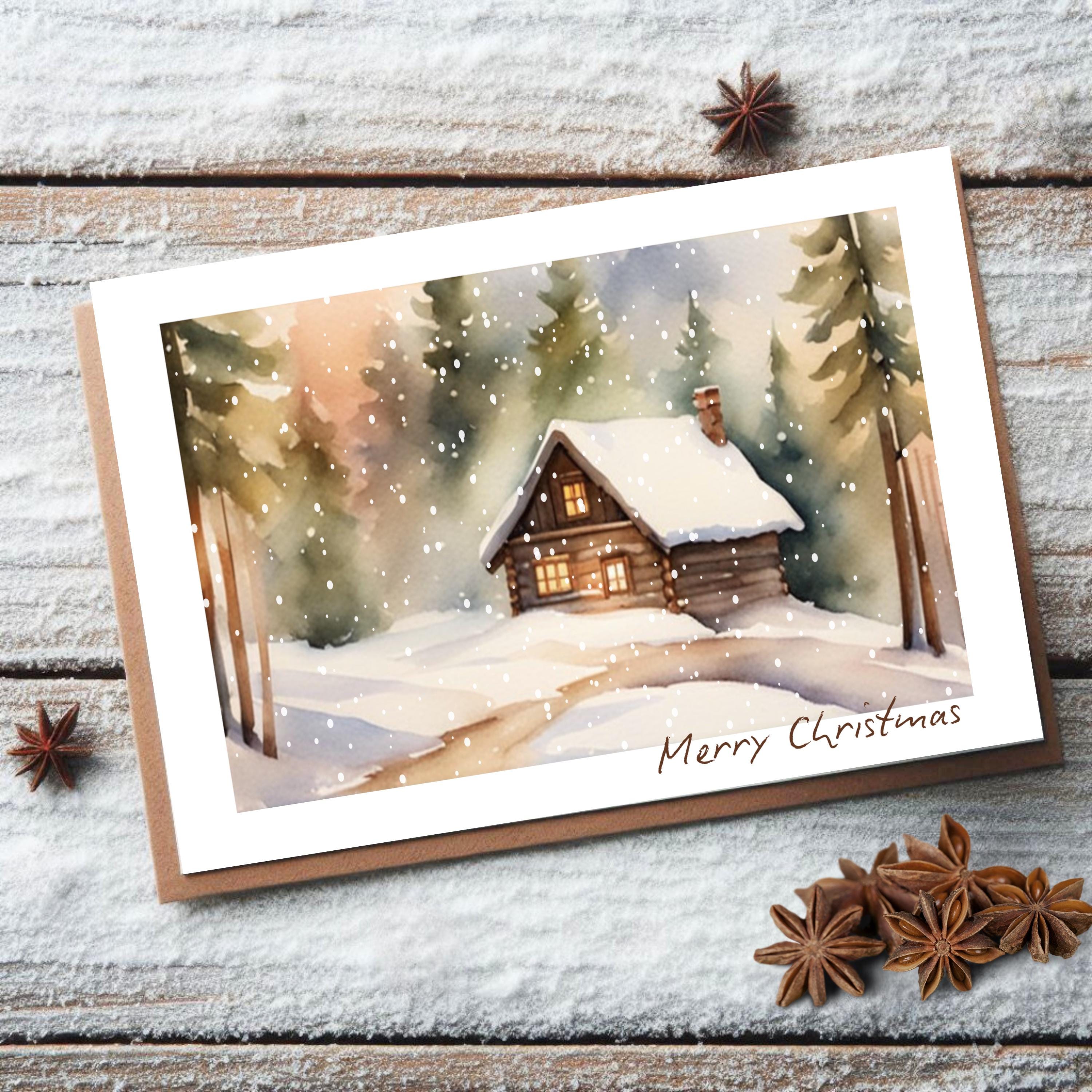 Christmas Card, Cozy Log Cabin Notecard, Rustic Winter Watercolor ...
