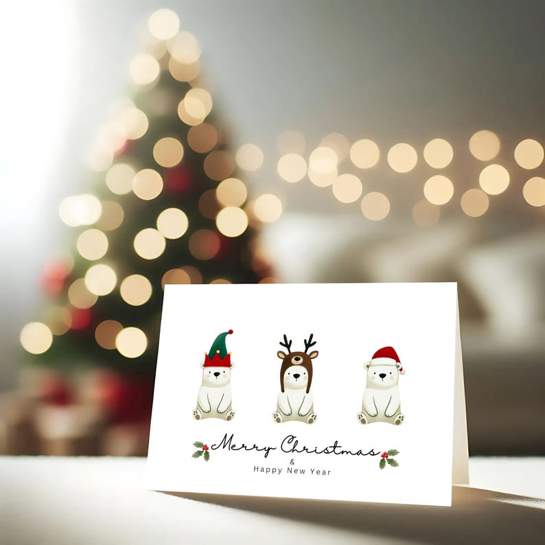 Polar Bear Christmas Card, Funny, Cute Notecard, Reindeer Antlers, Elf ...