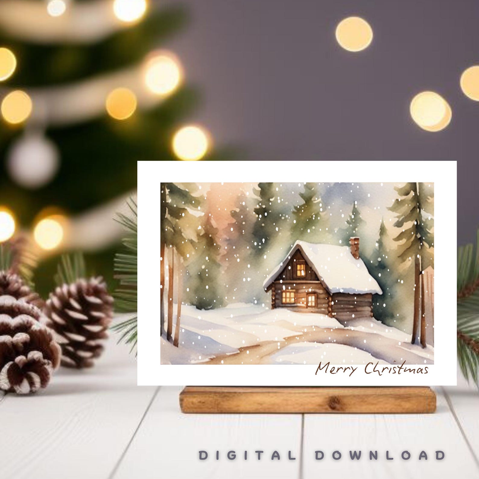 Christmas Card, Cozy Log Cabin Notecard, Rustic Winter Watercolor ...