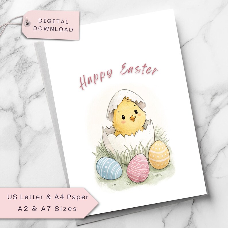 Cute Baby Chick Easter Card - Happy Easter Card - Spring Eggs Greeting Card - Pastel Easter Card ...