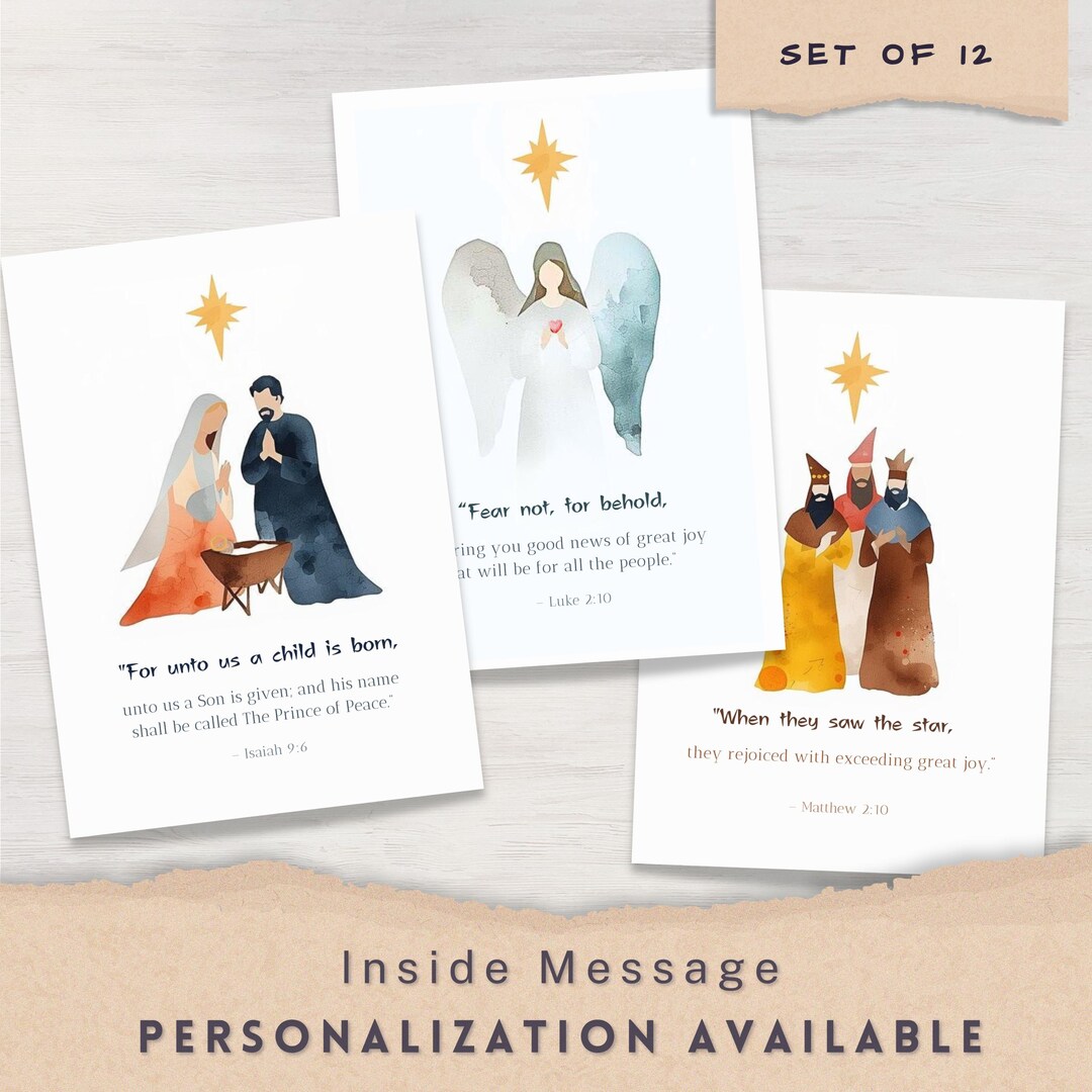 Christian Christmas Card Set • Watercolor Nativity • Holy Family Angel ...