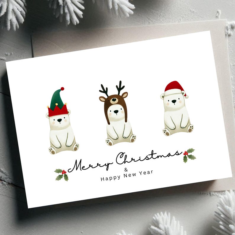 Polar Bear Christmas Card, Funny, Cute Notecard, Reindeer Antlers, Elf ...