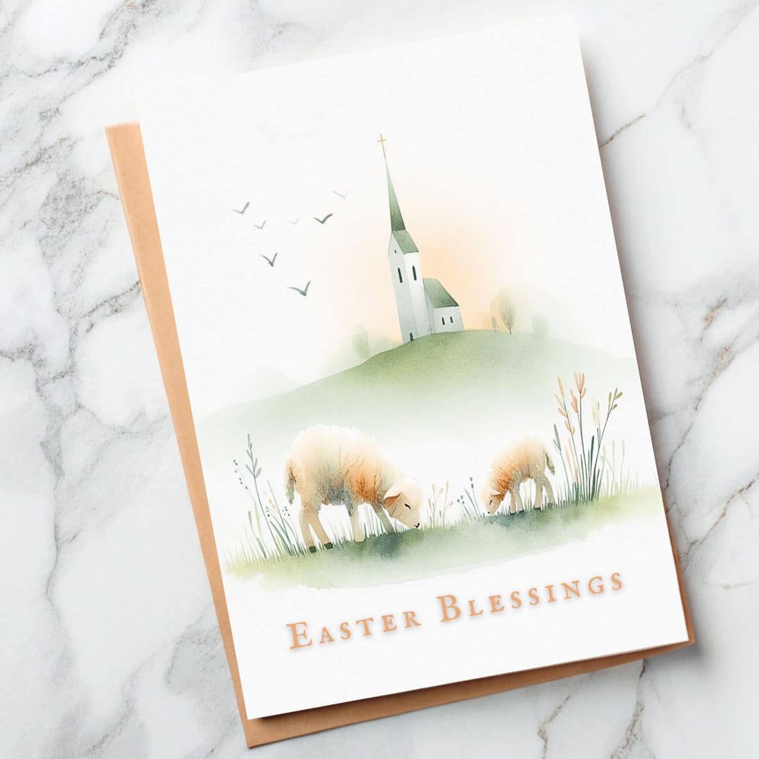Christian Easter Blessings Card, Watercolor Church & Lambs, Lamb of God ...