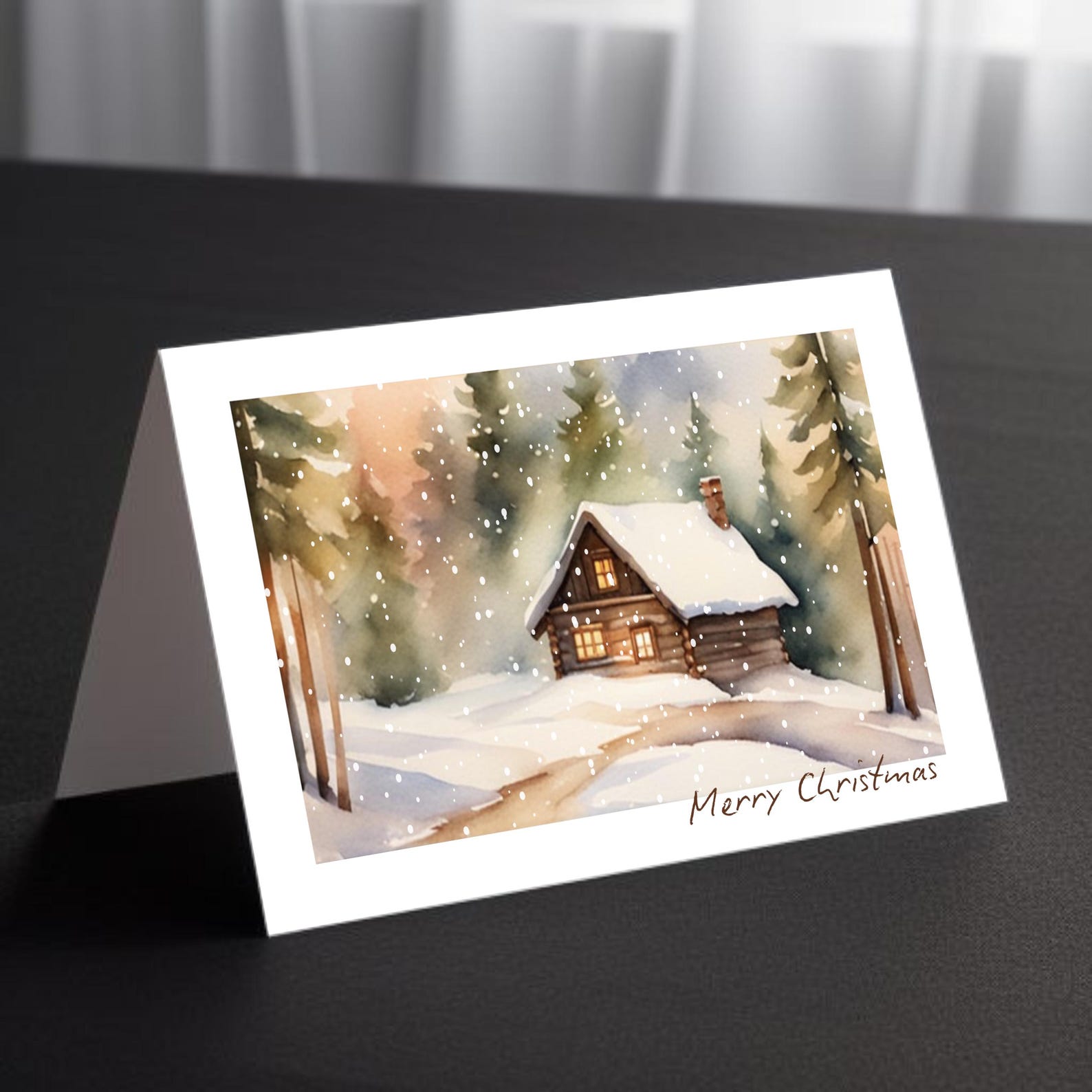 Christmas Card, Cozy Log Cabin Notecard, Rustic Winter Watercolor ...