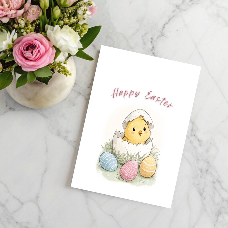 Cute Baby Chick Easter Card - Happy Easter Card - Spring Eggs Greeting Card - Pastel Easter Card ...