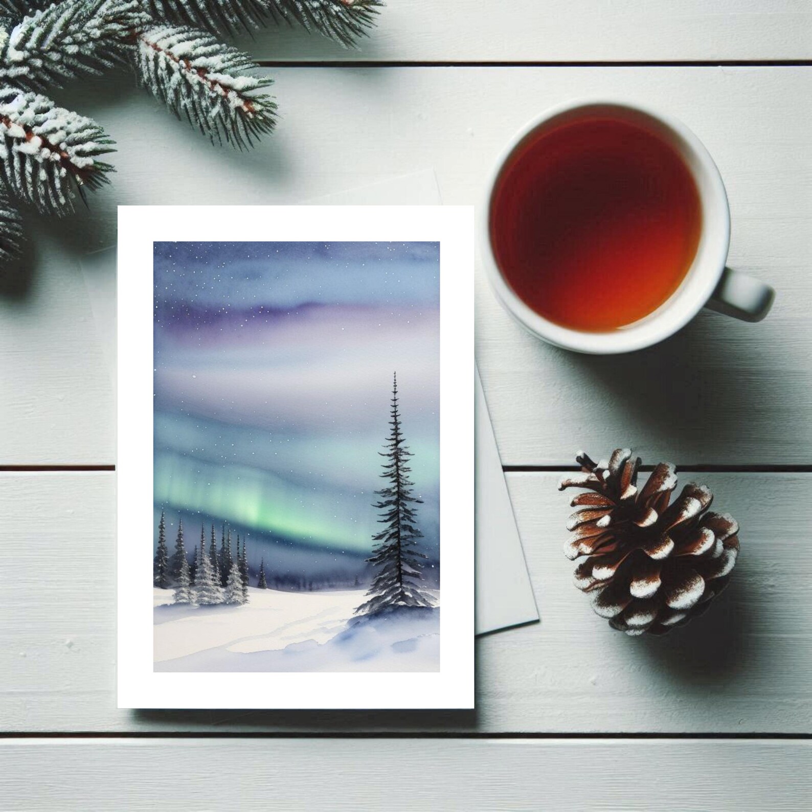 Northern Lights Card, Aurora Borealis Watercolor Notecard, Winter ...