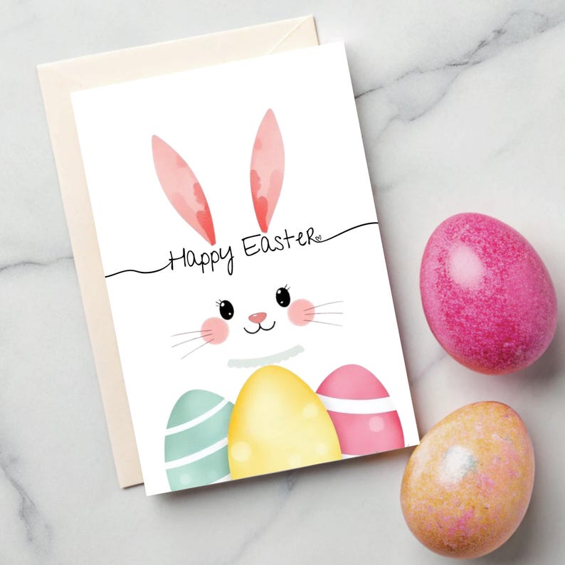 Easter Bunny Card - Cute Happy Easter Card With Pastel Eggs - Easter ...