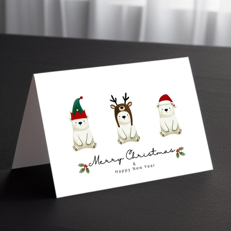 Polar Bear Christmas Card, Funny, Cute Notecard, Reindeer Antlers, Elf ...
