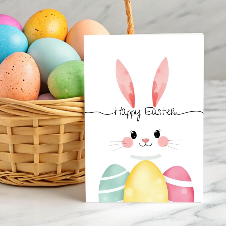 Easter Bunny Card - Cute Happy Easter Card With Pastel Eggs - Easter ...