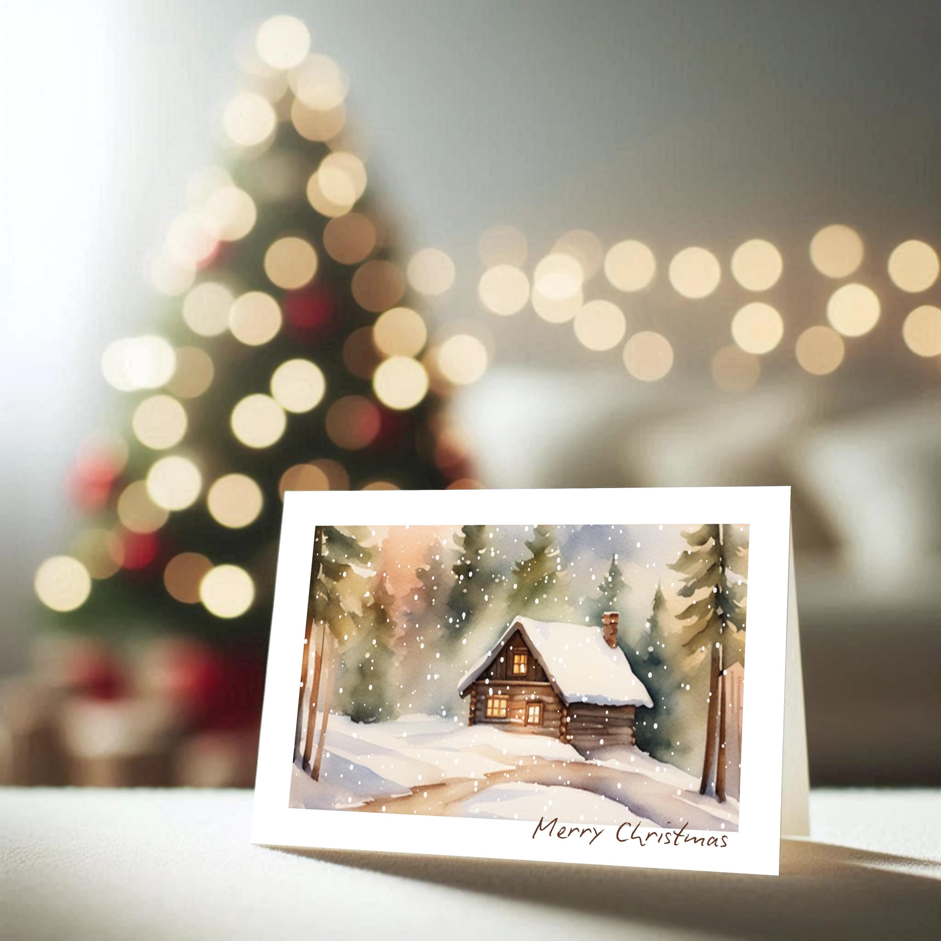 Christmas Card, Cozy Log Cabin Notecard, Rustic Winter Watercolor ...