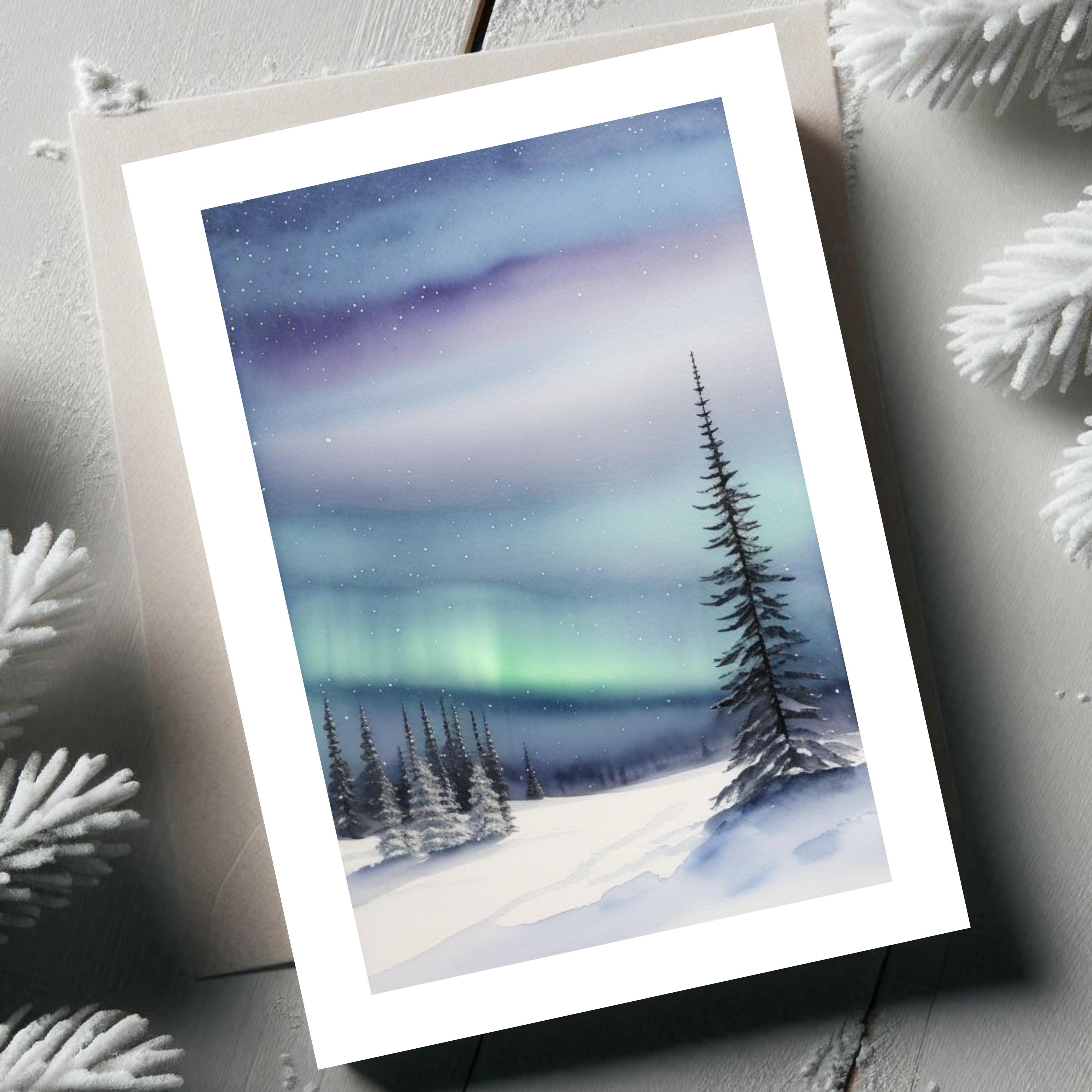 Northern Lights Card, Aurora Borealis Watercolor Notecard, Winter ...