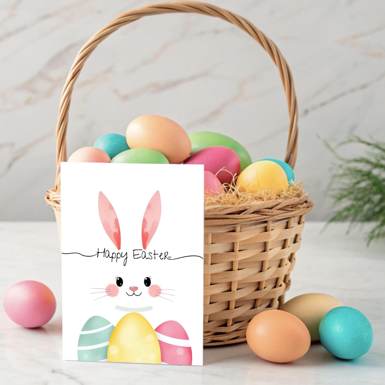 Easter Bunny Card - Cute Happy Easter Card With Pastel Eggs - Easter ...