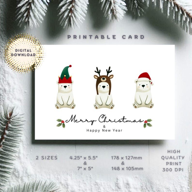 Polar Bear Christmas Card, Funny, Cute Notecard, Reindeer Antlers, Elf ...